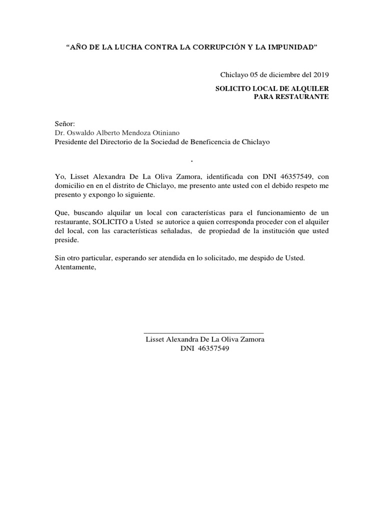 Solicitud de Alquiler para Restaurante | PDF