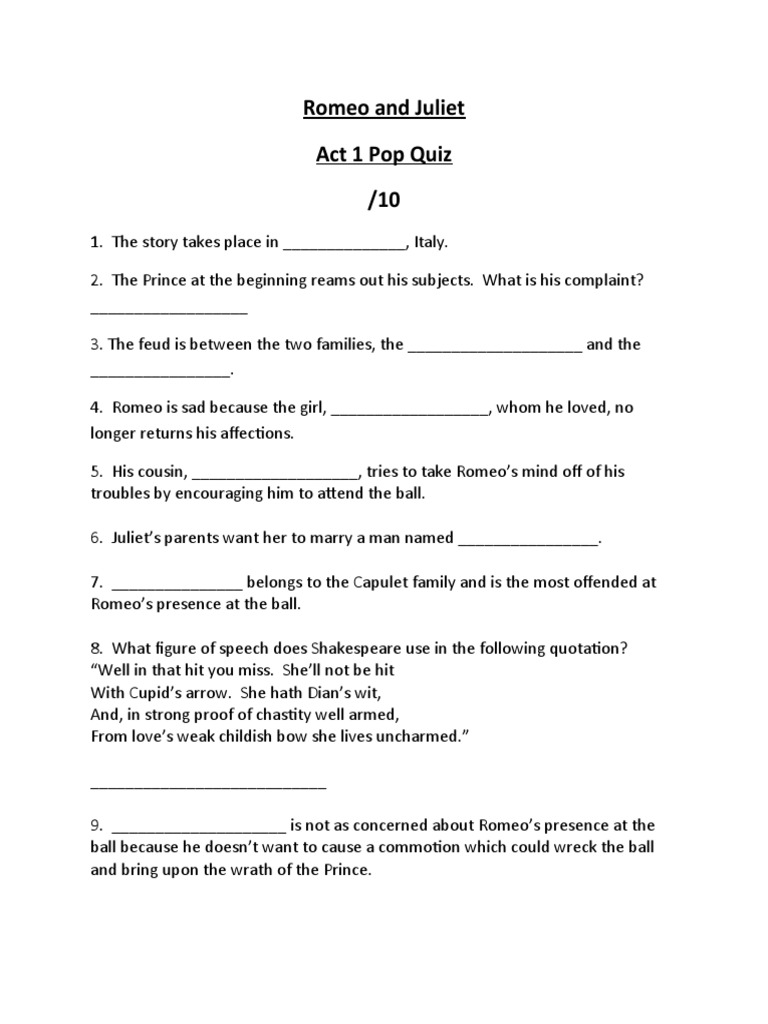 Romeo and Juliet Act 1 Quiz | PDF