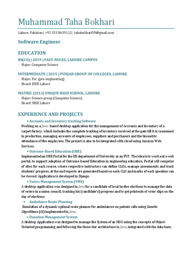 Muhammad Taha Bokhari (CV) | PDF