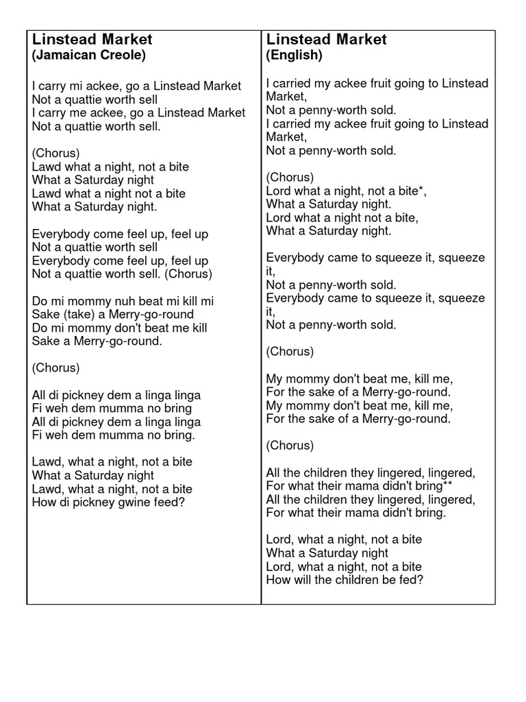 Linstead Market folk song about poor sales | PDF