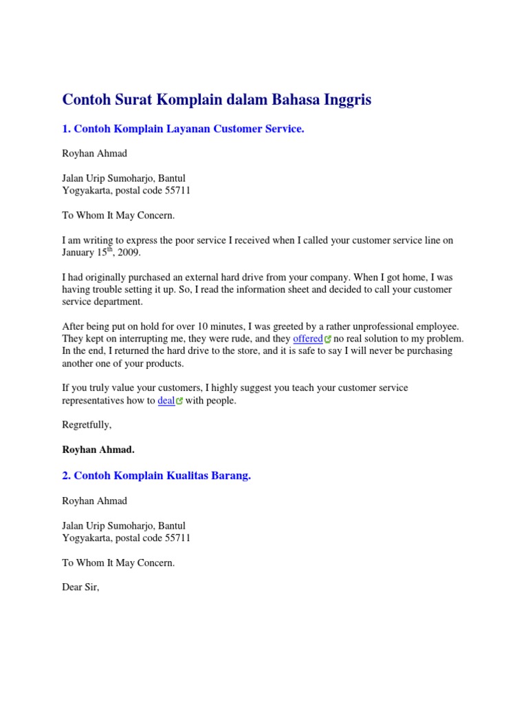 Contoh Surat Komplain Dalam Bahasa Inggris | PDF