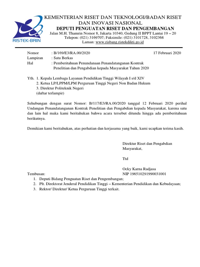 Surat Pemberitahuan Penundanaan Penandatanganan Kontrak Penelitian Dan Pengabdian Kepada ...
