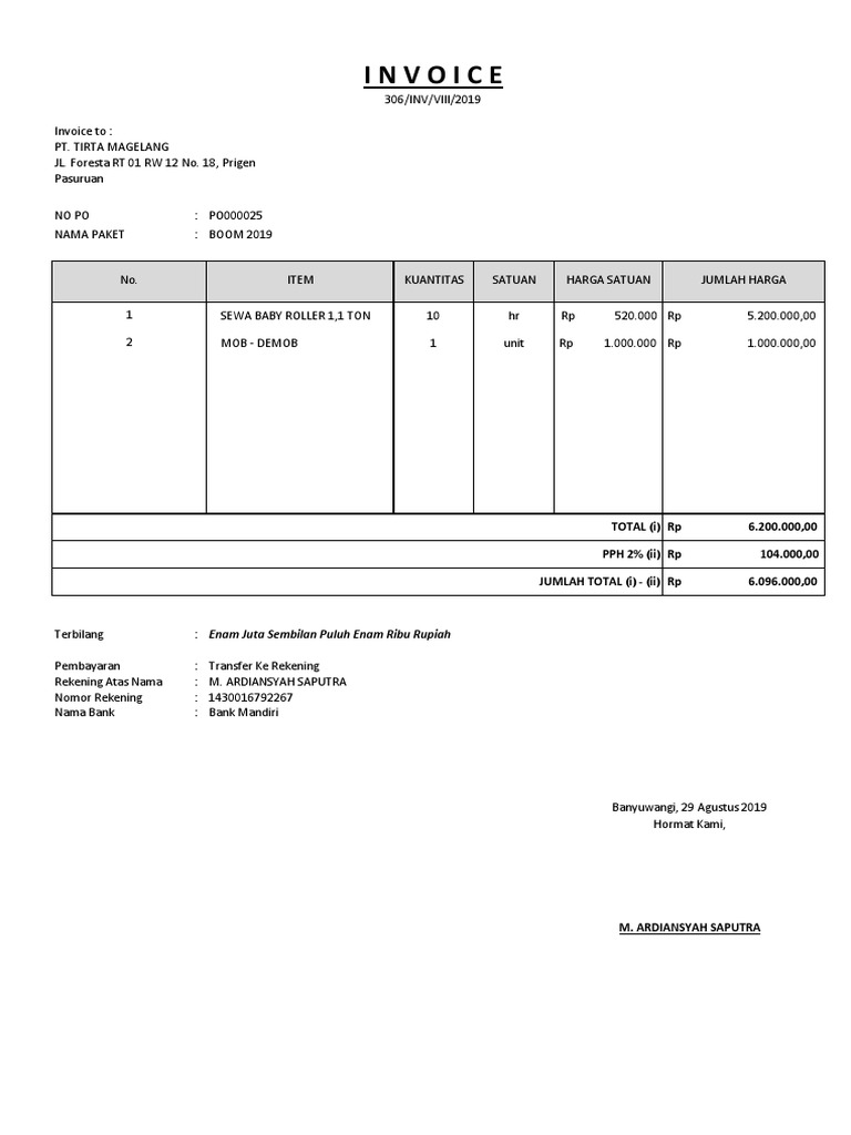 Invoice Sewa Alat Berat dan Mobilisasi untuk Proyek BOOM 2019 | PDF
