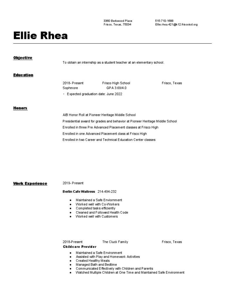 Student Teacher Internship Resume | PDF