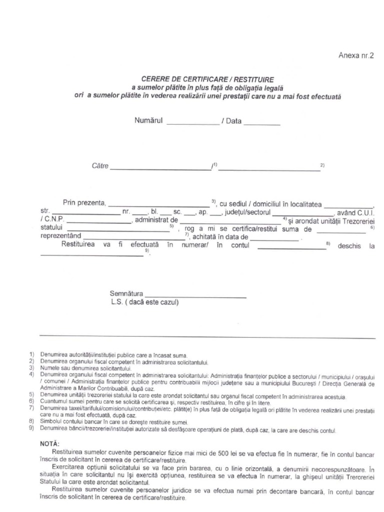 Cerere ANAF Restituire Sume in Plus | PDF