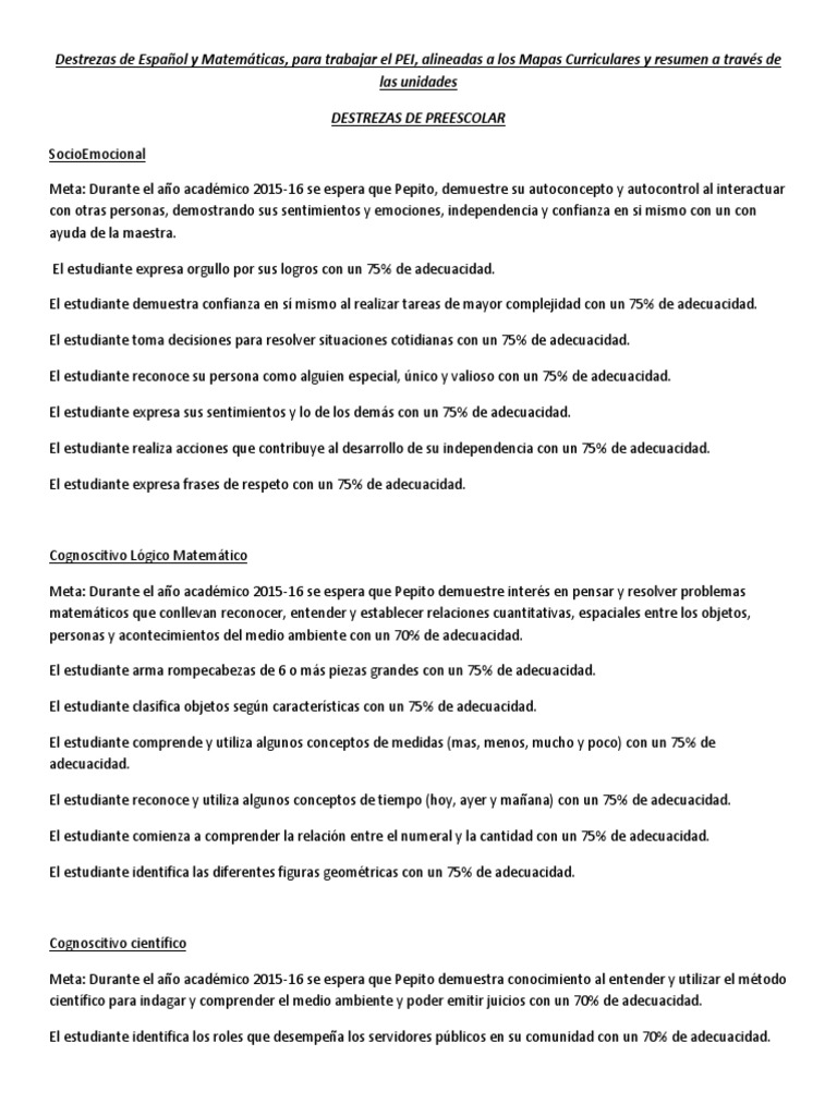 Destrezas de Español y Matemáticas para Trabajar en El PEI 2016 | PDF