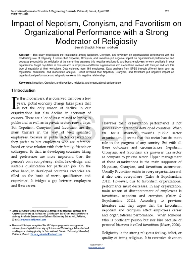 Impact of Nepotism Cronyism and Favoritism On Organizational ...