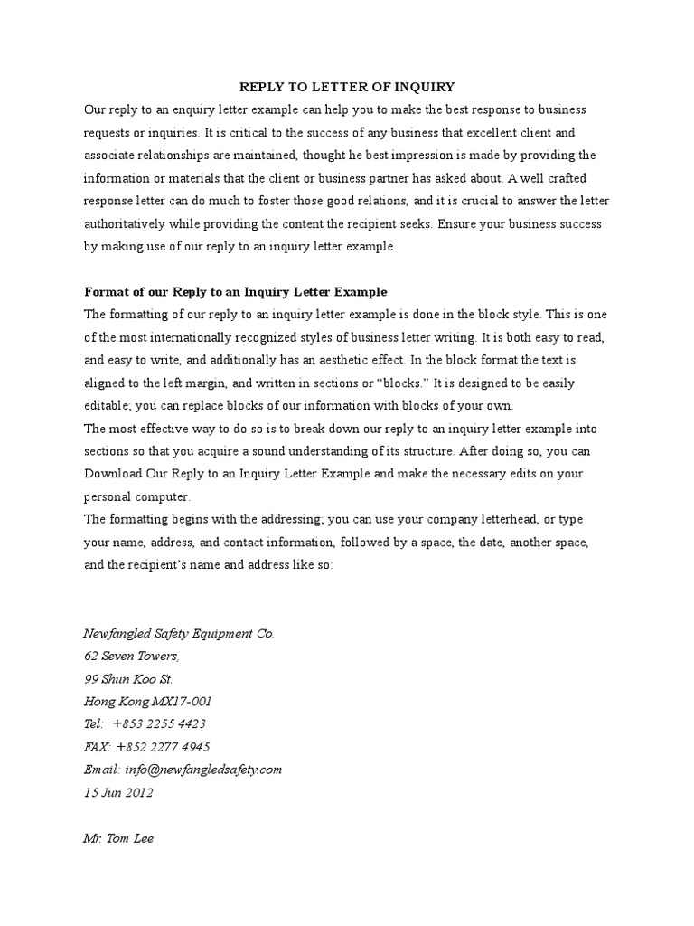 TEXT-REPLY TO LETTER OF INQUIRY