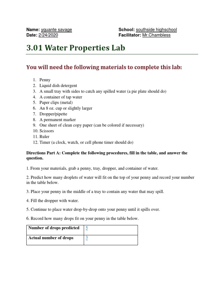 Water Properties Lab Experiment Guide | PDF | Home & Garden