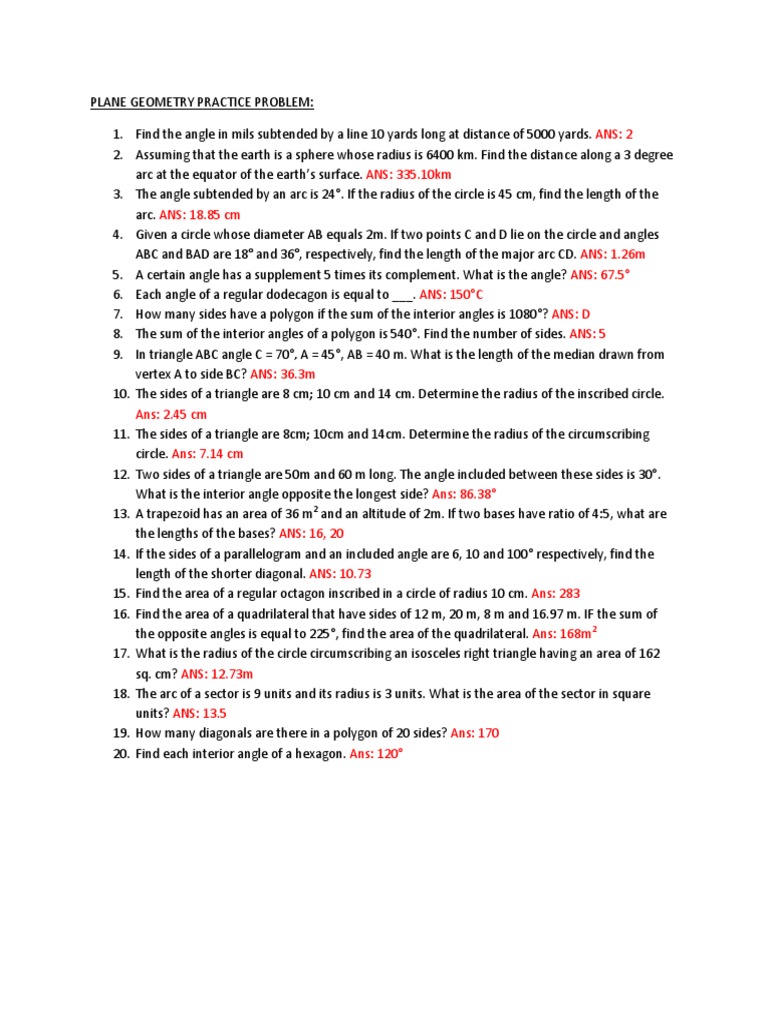 Plane Geometry Practice Problems: Angles, Sides, Areas & Diameters | PDF