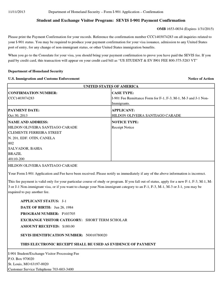 SEVIS I-901 Payment Confirmation | PDF