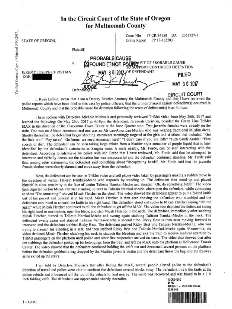 Jeremy Christian Probable Cause Affidavit | PDF