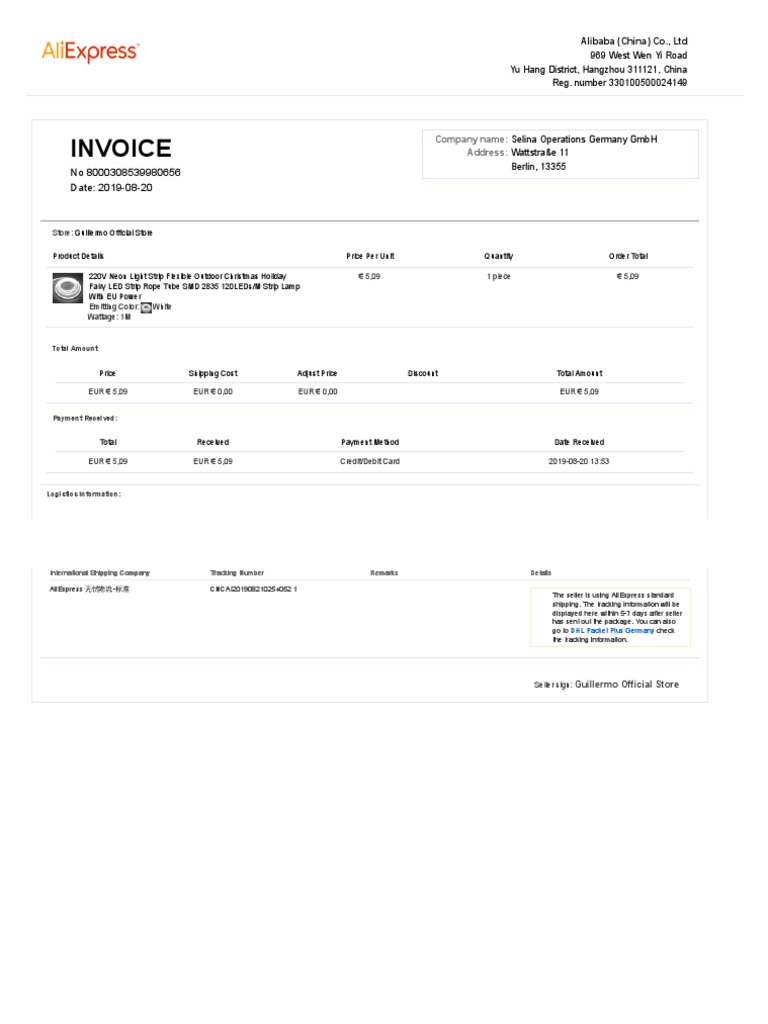 2019-08-20 Invoice No 8000308539980656 Aliexpress | PDF