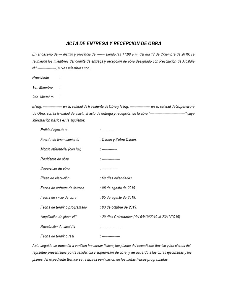 ACTA DE ENTREGA Y RECEPCIÓN DE OBRA Modelo | PDF