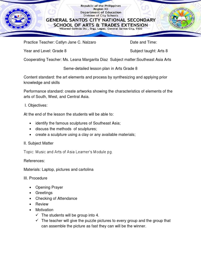 Lesson Plan in Arts Sculpture 8 | PDF