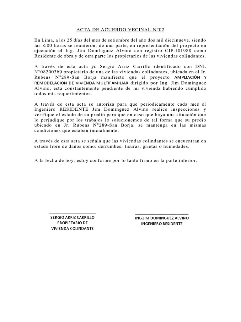 Acta de Acuerdo Vecinal N°02 | PDF