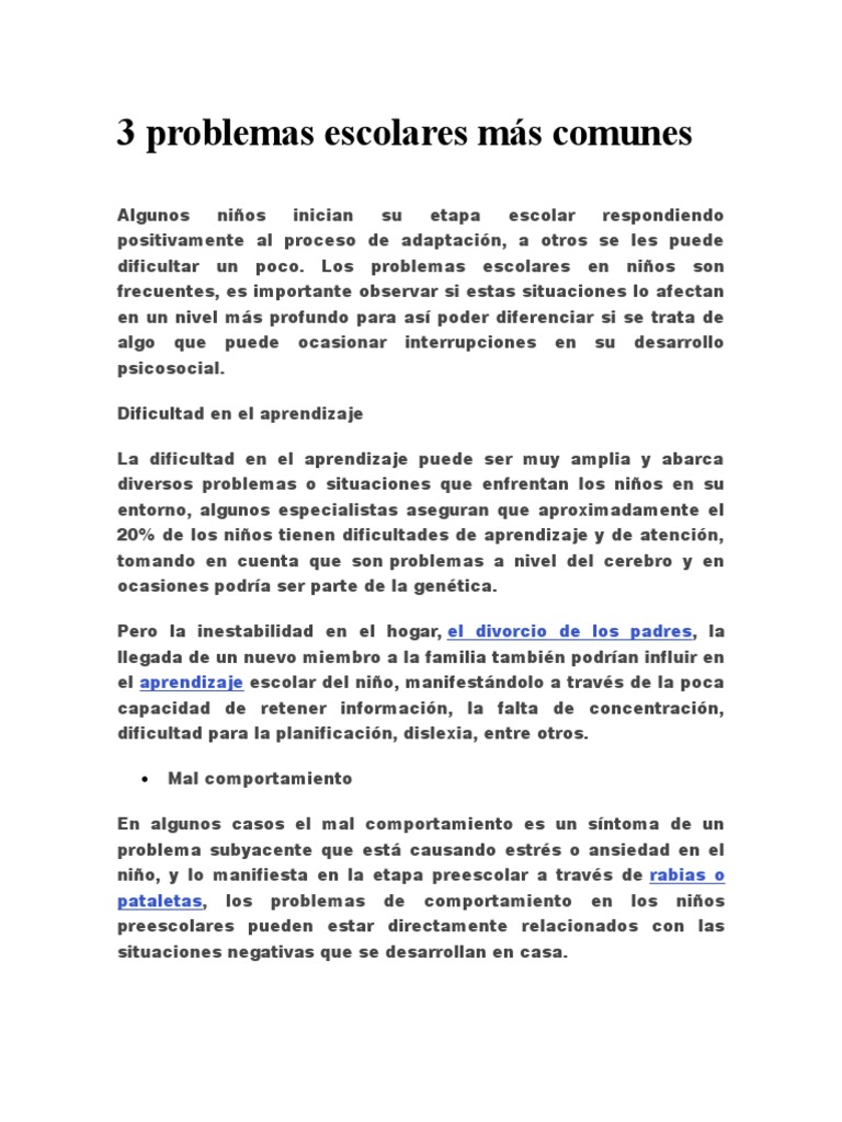 3 Problemas Escolares Más Comunes | PDF | Comportamiento | Educación de ...