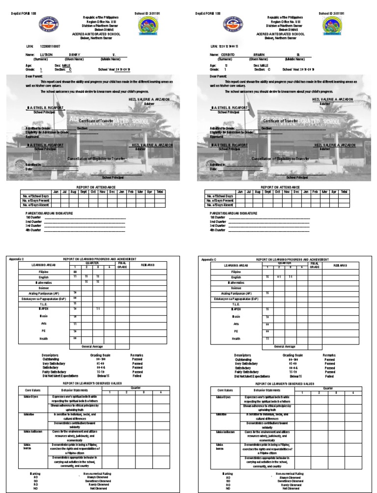 DepEd Form 138: Student Report Card | PDF | Behavior Modification ...