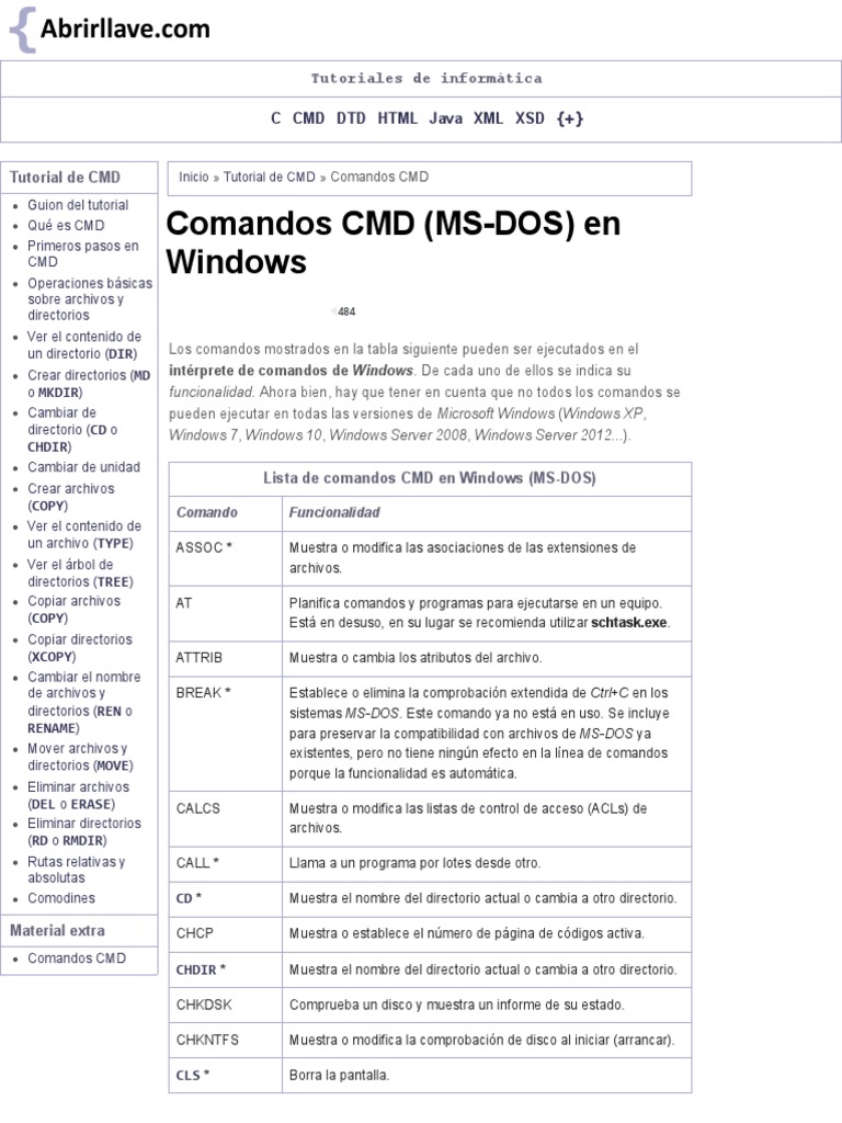 Comandos CMD (MS-DOS) en Windows - Tutorial de CMD | PDF | Archivo de ...