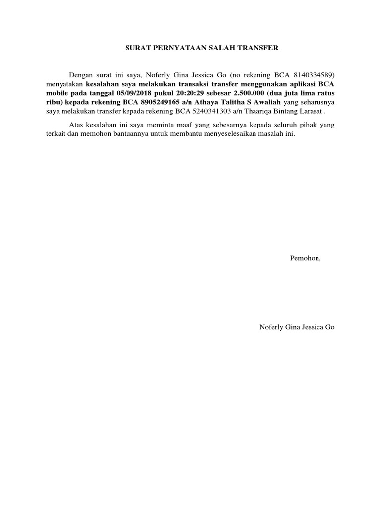 Surat Pernyataan Salah Transfer | PDF