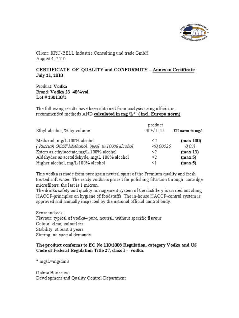Vodka Certificate | PDF | Cooking, Food & Wine