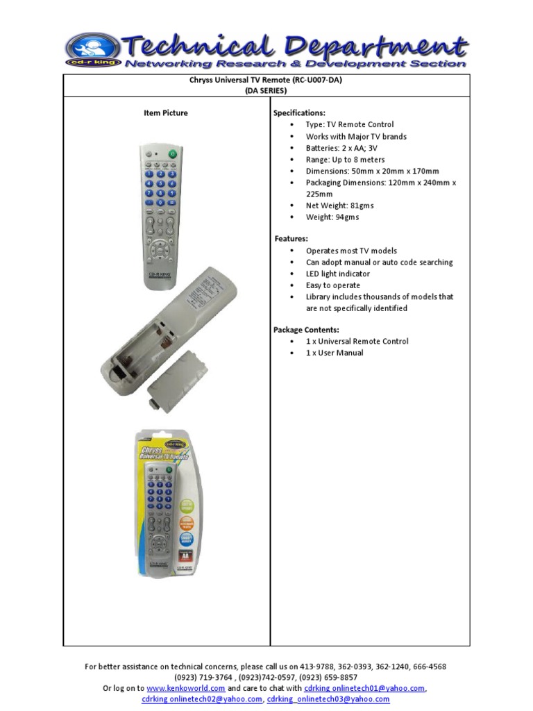 (RC-U007-DA) Chryss Universal TV Remote | PDF | Remote Control | Equipment