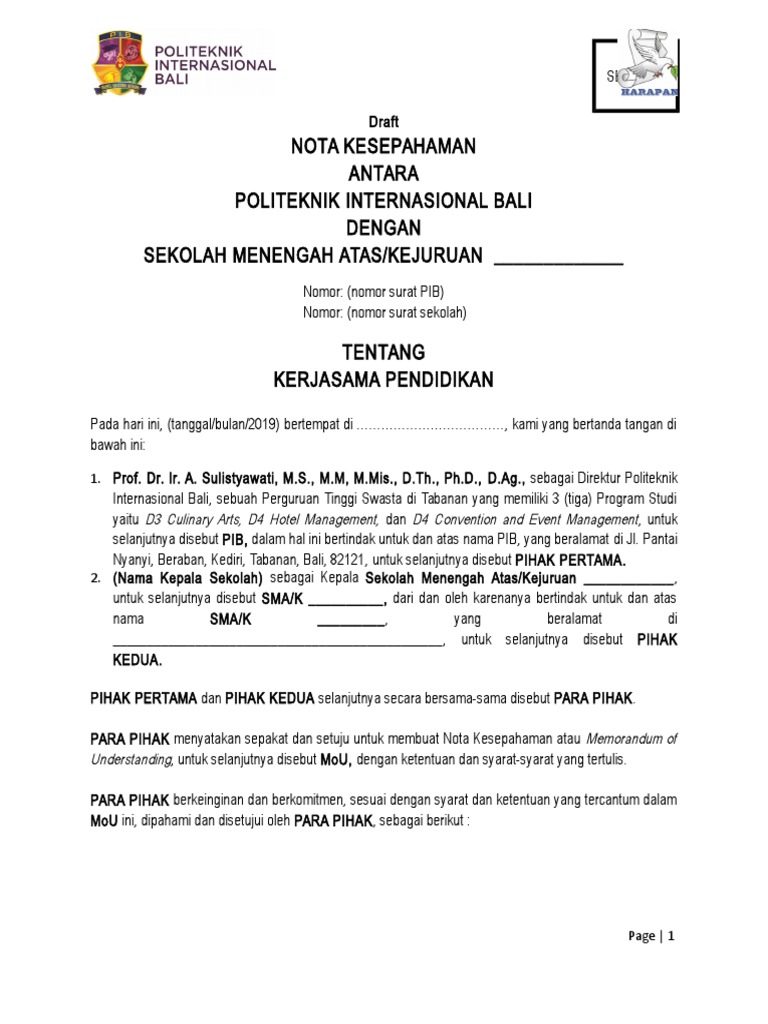 Contoh Draf MoU Sekolah | PDF