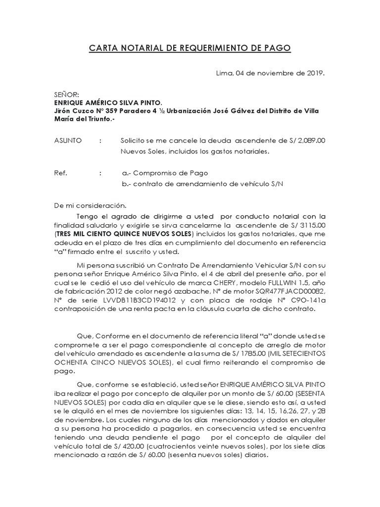 Carta Notarial de Requerimiento de Pago | PDF | Agitación