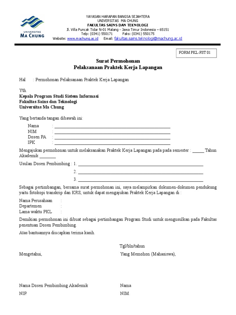 Surat Permohonan Mahasiswa Pelaksanaan PKL | PDF