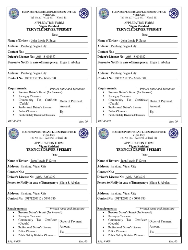 Vigan Tricycle Driver's Permit Application | PDF | Driver's License ...