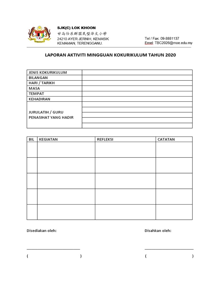 Laporan Aktiviti Mingguan Kokurikulum Tahun 2020 | PDF