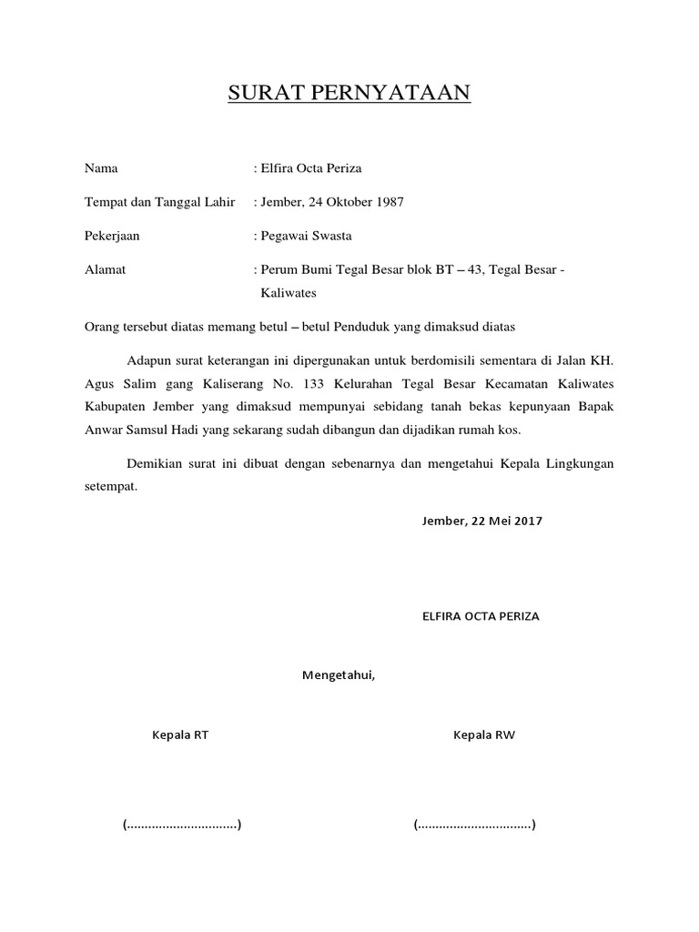 SURAT PERNYATAAN Kost | PDF