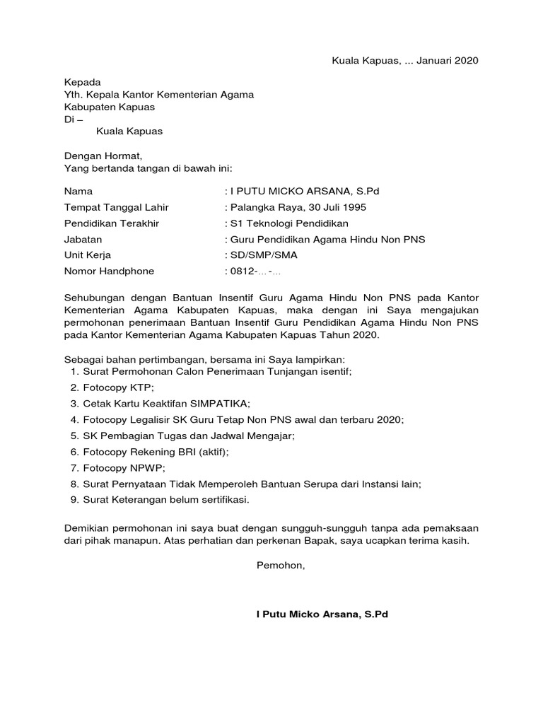 Contoh Permohonan Bantuan Insentif Guru Non PNS | PDF