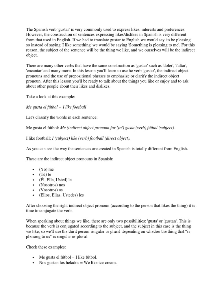 The Verb GUSTAR For Expressing Likes Dislikes PRINT | PDF | Object ...