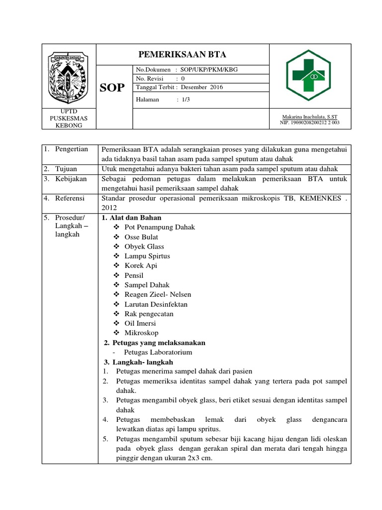 Sop Pemeriksaan Bta | PDF