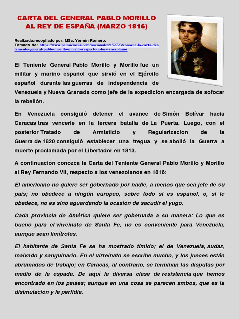 Carta de Morillo al Rey de España 1816 | PDF | Conflictos del segundo ...