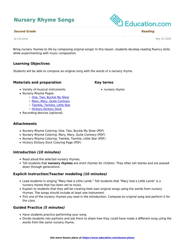 Nursery Rhyme Songs | PDF | Preschool | Lesson Plan