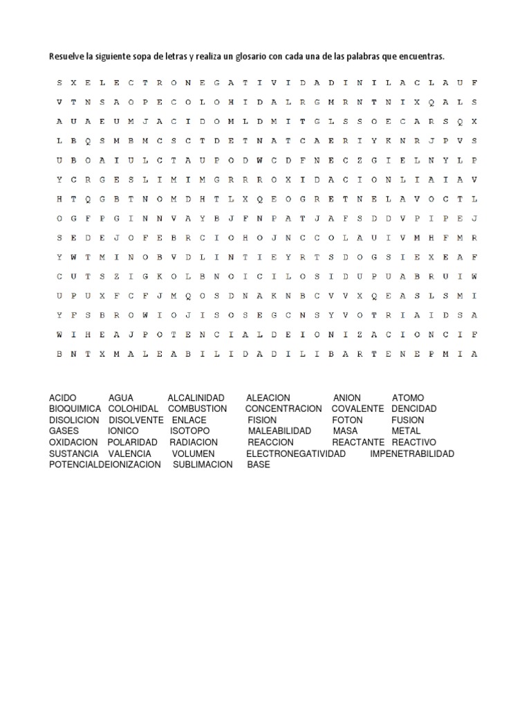 Glosario de Términos Químicos en Sopa de Letras | PDF