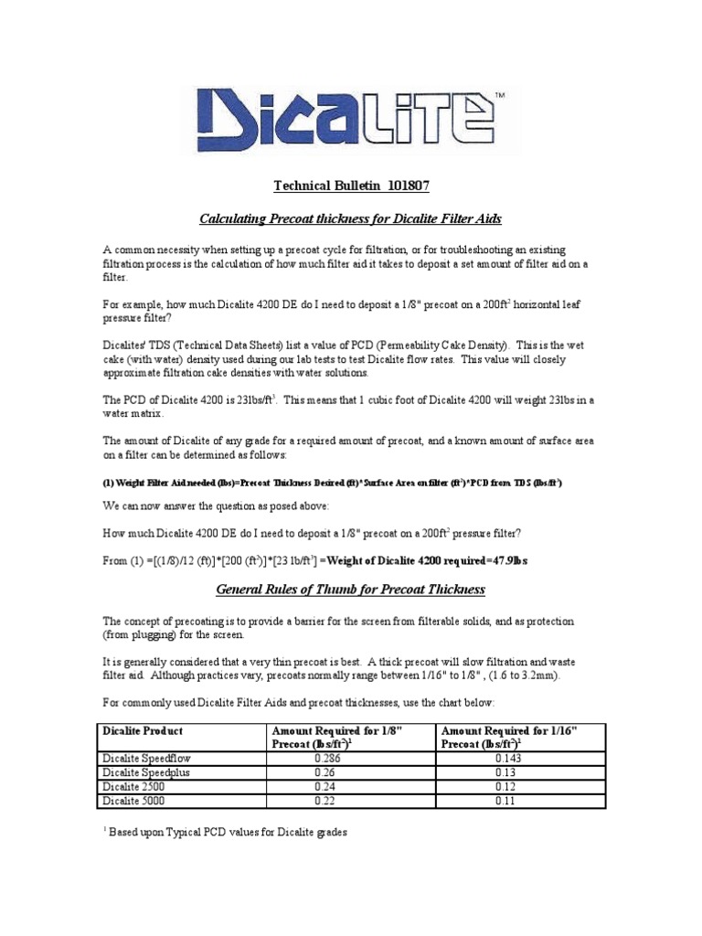 Precoat Thickness For Dicalite Filter Aids | PDF | Filtration ...