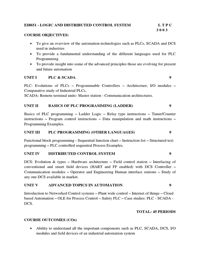 EI8651 - LDCS Syllabus - R2017 | PDF | Programmable Logic Controller | Scada