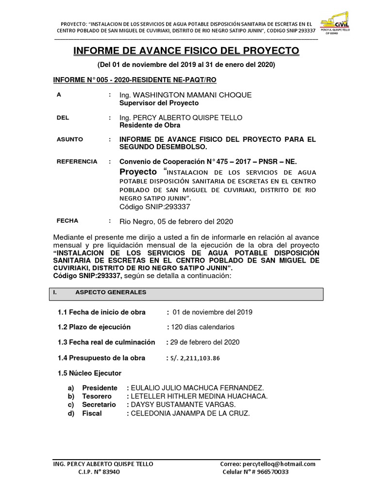 Informe de Avance para Desembolso | PDF | Presupuesto | Agua