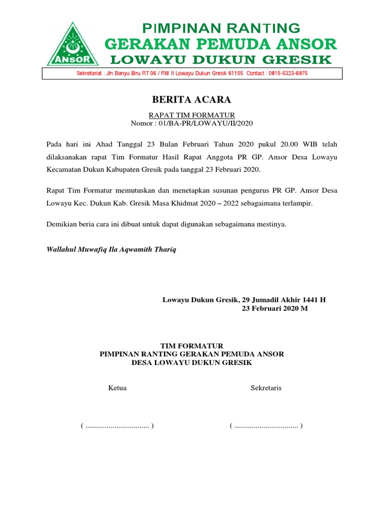 Berita Acara Tim Formatur Ansor | PDF