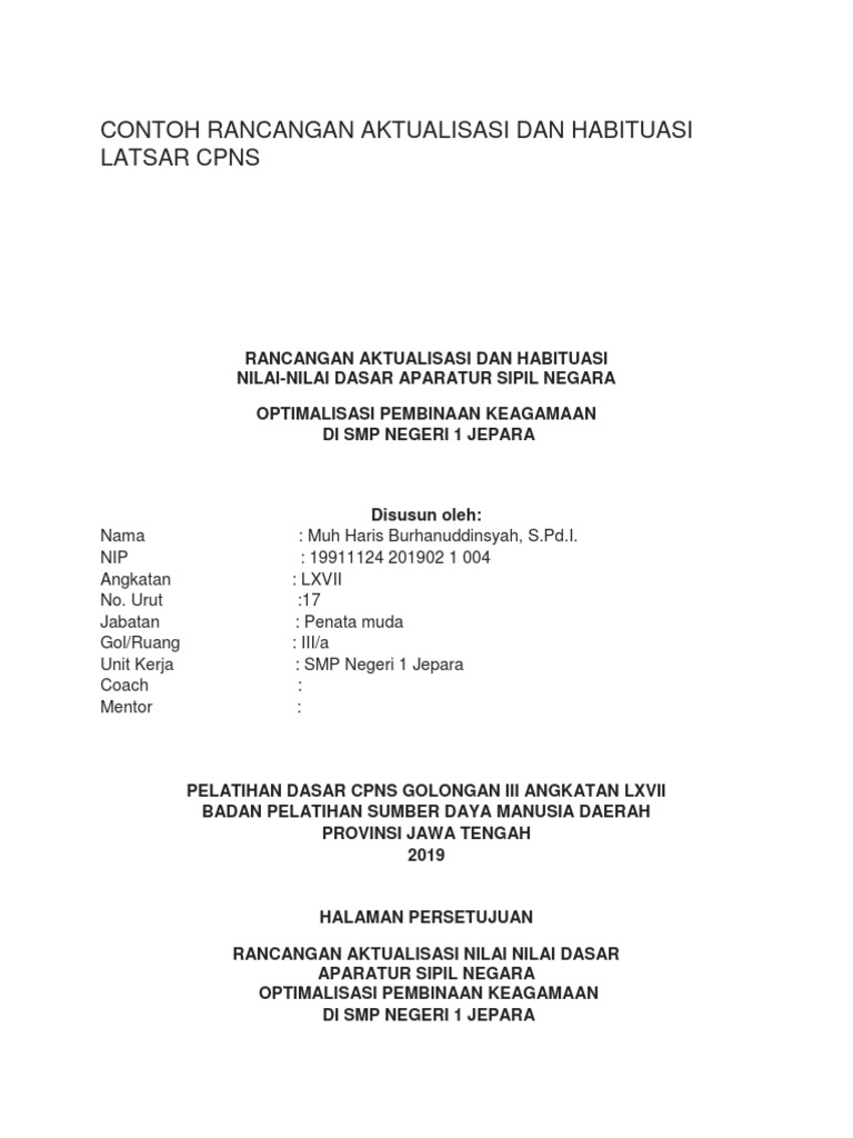 Contoh Rancangan Aktualisasi Dan Habituasi Latsar CPNS | PDF