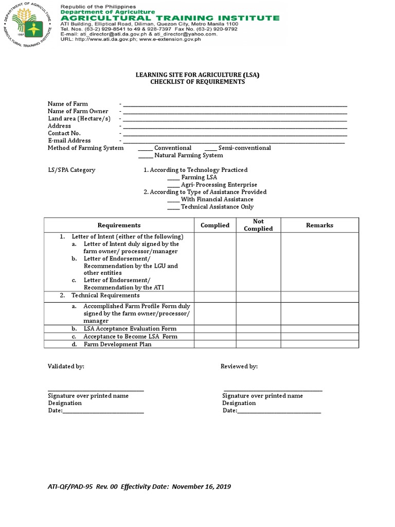 QF-PAD-95 Rev 00 Effectivity Date Nov. 16, 2019 LSA Checklist of ...