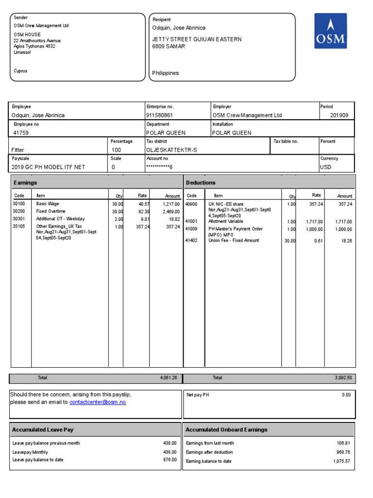 OSM Crew Management payslip for Jose Abrinica | PDF | Payments | Government