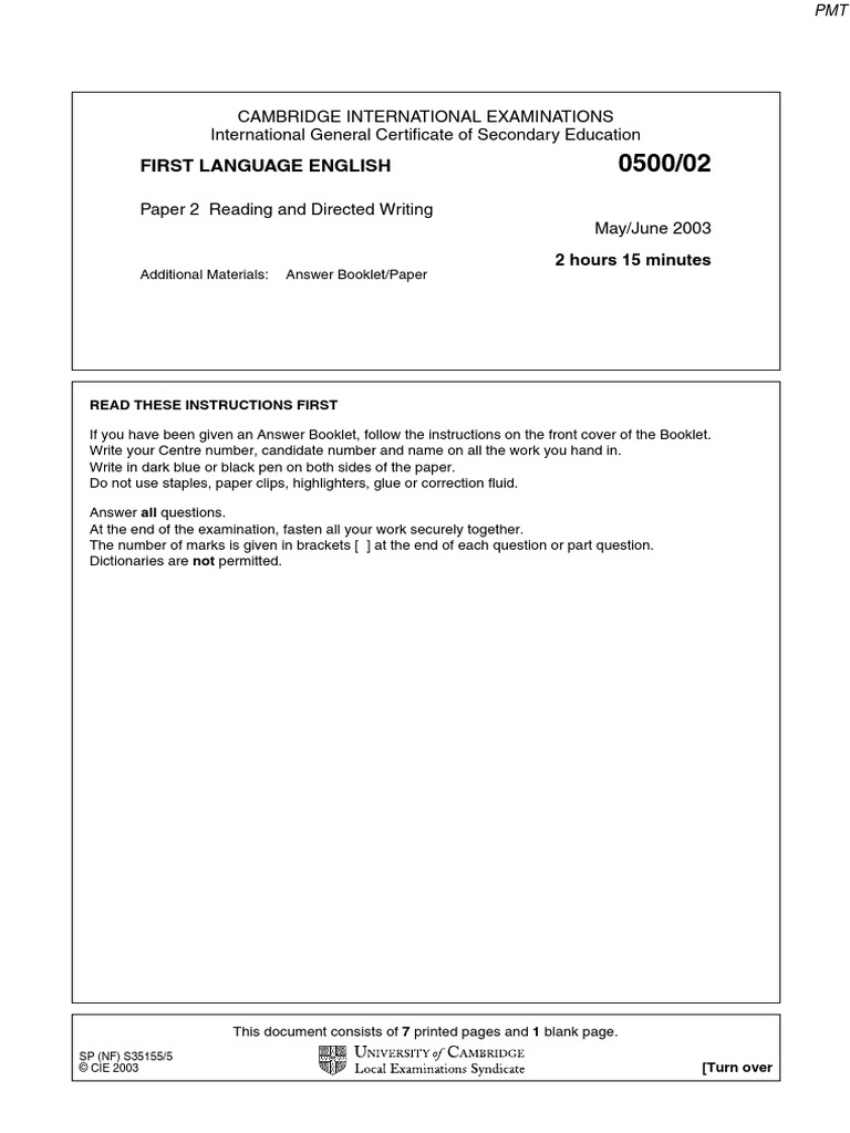 June 2003 QP - Paper 2 CIE English First Language IGCSE | PDF | Nature