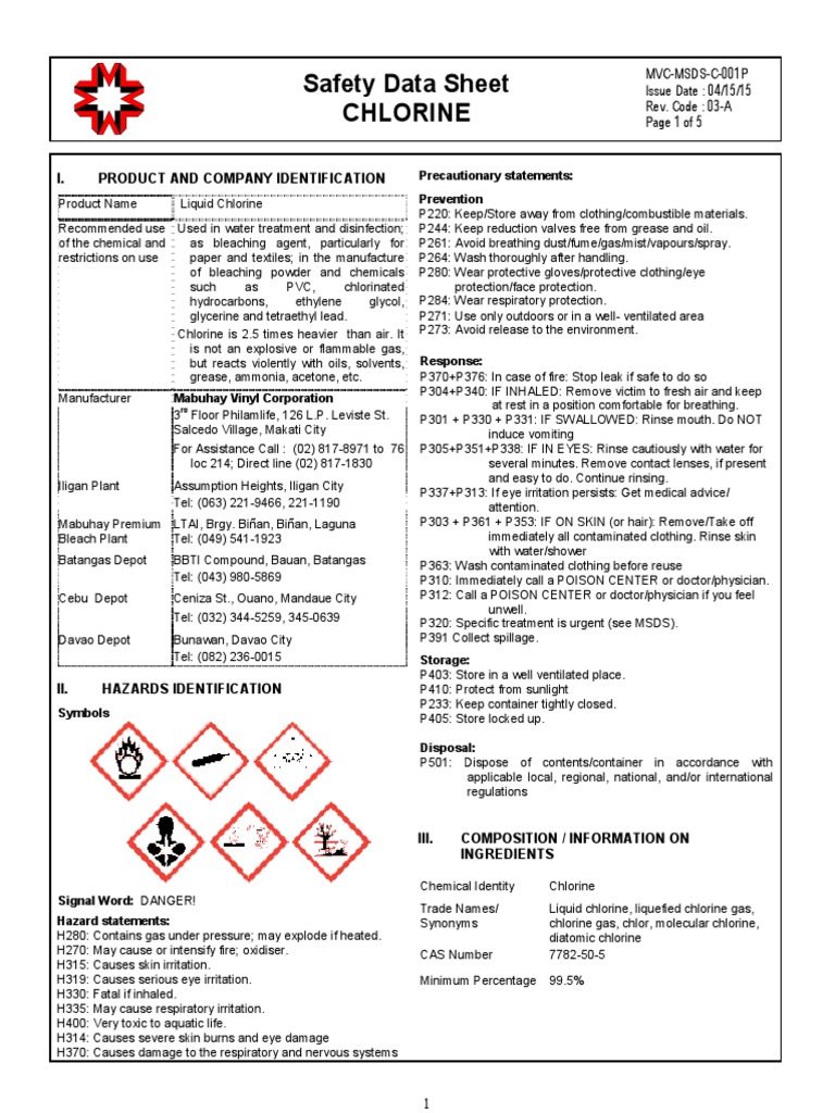 MSDS Cl2 | PDF | Respiratory System | Chlorine