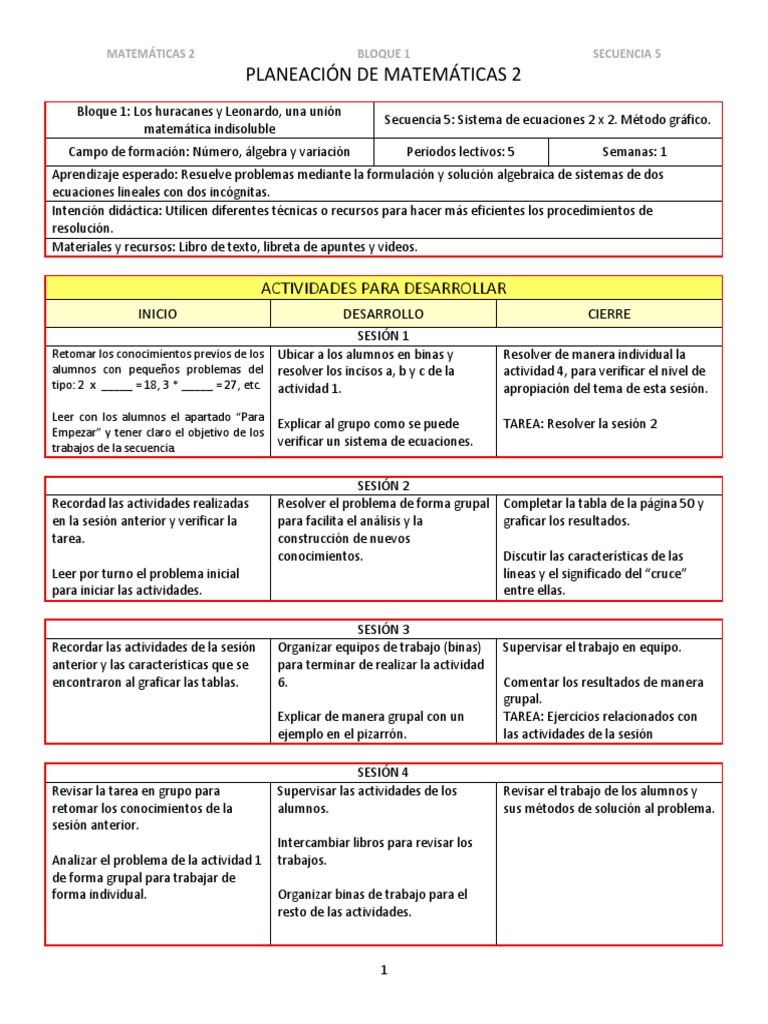 Mate 2 Blo 1 Sec 5 Plan | PDF | Ecuaciones | Enseñanza de matemática