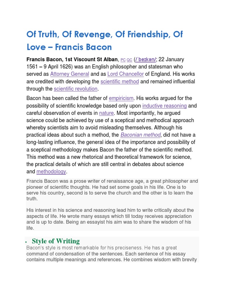 Bacon's Essays: Truth, Love, Revenge | PDF | Scientific Method | Science