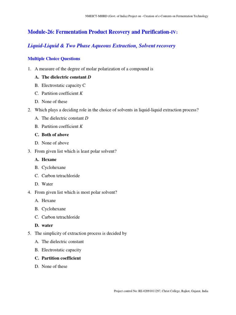 17-29-SA-V1-S1 l-29 (MCQS) Solvent Extraction and Recovery | PDF
